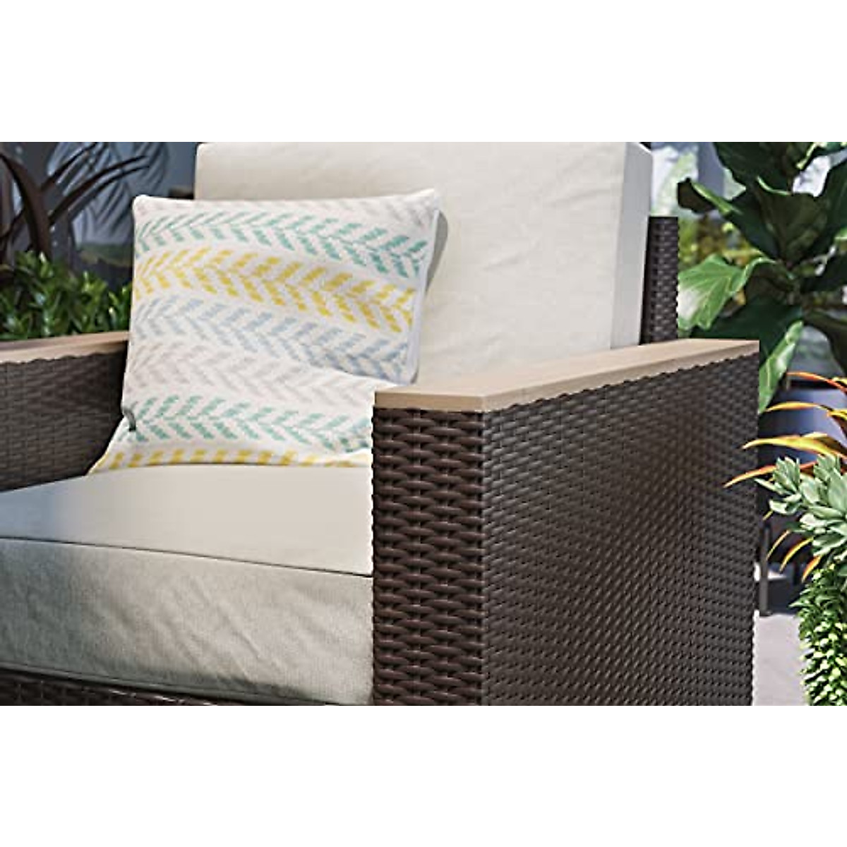 Homestyles 6800-10 Palm Springs Outdoor Arm Chair with Cushion, Weatherproof Woven Wicker Rattan with Acacia Wood Accents, 1 Person, Beige
