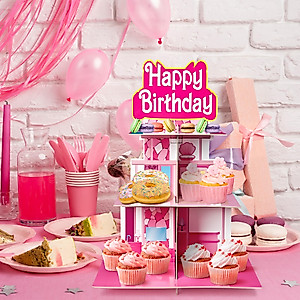 DSjuedui Pink Cupcake Stand 3-Tiered Cardboard Cake Stand Dessert Table Displays Pink Princess Assemble Cupcake Tower Holder Cupcake Tier for Floral Tea Happy Birthday Party Decor Favors Baby Shower