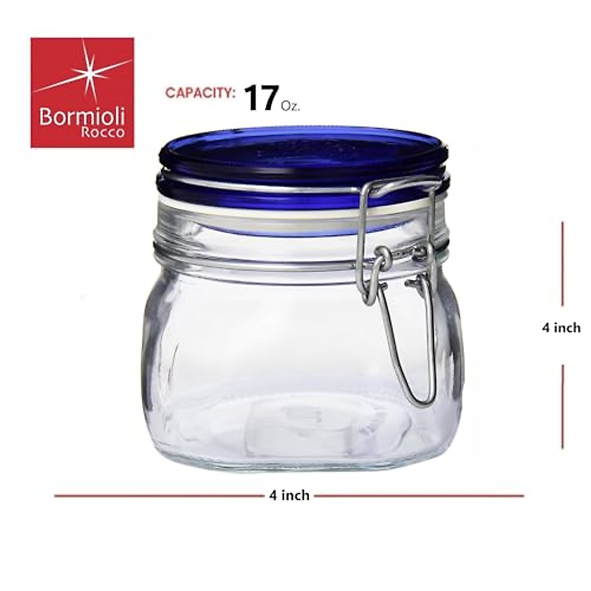 Bormioli Rocco Fido Square Jar with Blue Lid, 17-1/2-Ounce