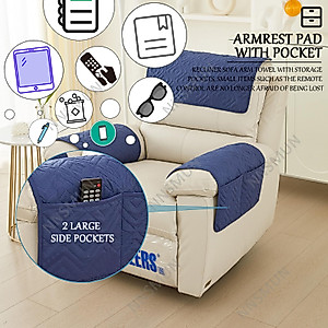 Sofa Armrest Cover, Headrest Cover for Recliner Chair Arm Cover, Armchair Slipcover with Pockets Nonslip Quilted Furniture Protector for Pets Leather Sofa Couch Slipcover (Navy Blue,1 Seater(3pcs))