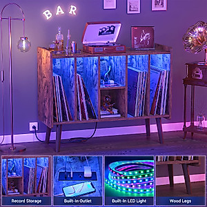 Unikito Large Record Player Stand with Vinyl Storage and LED Light, Vinyl Record Storage Cabinet with Power Outlet, Record Player Table, Turntable Stand with Wood Legs for Living Room, Bedroom, Office