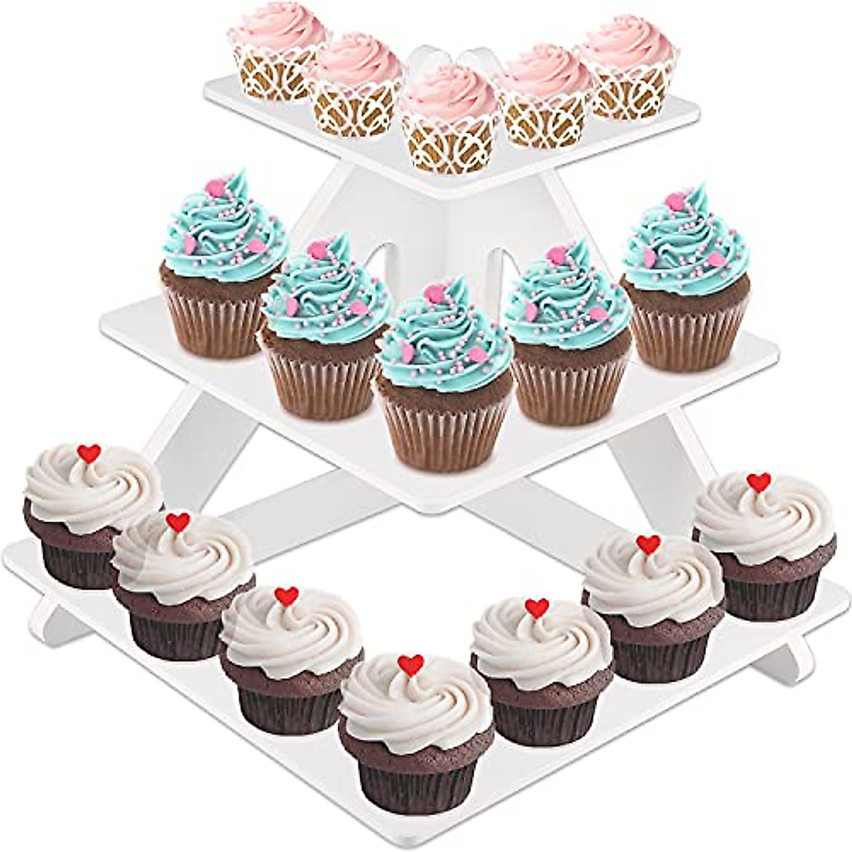 Cupcake Stand for 24 Cupcakes- Rustic Cupcake Stand 3 Tier Collapsible Wooden Cupcake Tier Stand - White Cupcake Holder Stand - Cupcake Tower Display Party Décor - Cupcake Stand Display for Pastry
