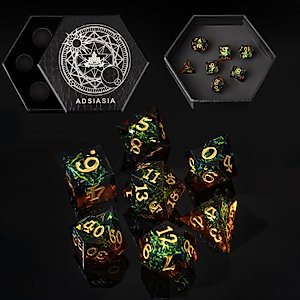 DND Dice Set Resin Polished Edge Polyhedral Dice Set D&D RPG Suitable for Dungeons and Dragons Role Playing Games Dice Gift Box Sharp-Edged Band Sparkling Laser inclusions（Mix Brown & Green Color）