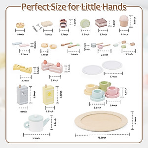 Smartwo Wooden Tea Party Set for Little Girls, 34 PCS Wooden Tea Set for Toddlers 3-5, Pretend Play Kids Wood Tea Set Toy, Play Kitchen Accessories with Play Food, Improve Imagination