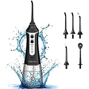 TUREWELL Water Flossing Cordless Oral Irrigator - 300ML Portable IPX7 Waterproof Water Teeth Cleaner, 3 Modes Water Cordless Oral Irrigator for Teeth/Braces, 5 Water Jet Tips for Travel & Family Use