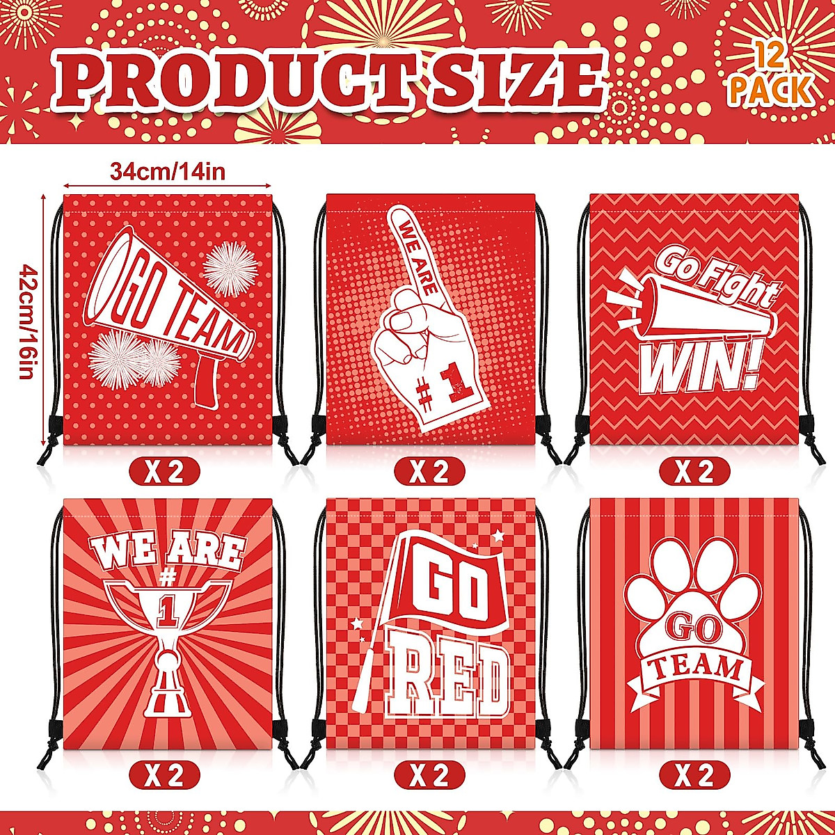 Paterr 12 Pack Team Spirit Drawstring Backpack Bags with We Are #1 Finger Gesture Polyester Red Drawstring Bag Bulk for Gym Sport Spirit Items Cheerleading Party Favors, 16.54 x 13.39 Inch