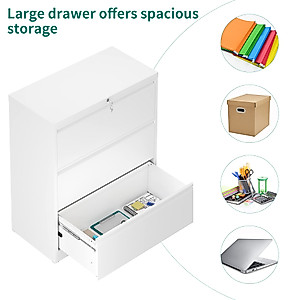 YITAHOME 3 Drawer Lateral File Cabinet with Lock, Metal Stainless Steel Wide Lateral Filing Cabinet for Legal/Letter A4 Size, Office Organizer Storage Cabinet,White