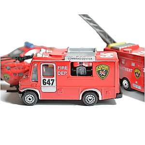 BOHS 5-Pack Fire & Emergency Rescue Vehicles Set - Die-Cast Metal Miniatures - Aerial Ladder Firetruck, Rescue Helicopter, Water Tank Fire Engine, Patrol Car & Command Center