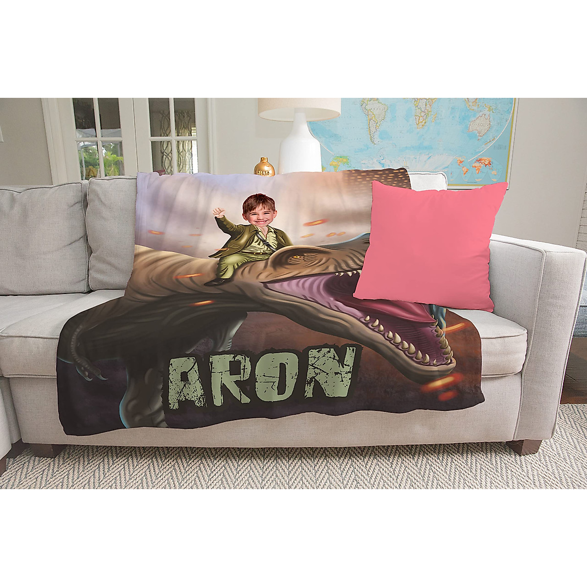 Dinosaur Photo Blanket, Custom Blankets with Your Face, Personalized Photo Gifts for Him, Custom Dino Gift for Boys Men, Kids Photo Blanket, Customized Minky Throw Blanket for Bed Sofa 50 x 60 L71