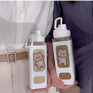 Kawaii Water Bottle With Straw And Sticker 23.6oz Cute Water Bottle For Kids Girls No Leak Large Sport Plasti Portable Square Drinking Bottle For Kids Girls School Supplies, White, 24