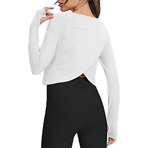 Bestisun Long Sleeve Workout Shirts Yoga Dance Top Split Back Gym Tennis Sports Exercise Training Shirt Women Stretch Fitness Crop Tops White M