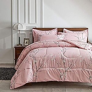 AIKASY Bed in a Bag 6 Pieces Twin Size - Floral Print - Soft Microfiber, Reversible Bed Comforter Set (1 Comforter, 2 Pillow Shams, 1 Flat Sheet, 1 Fitted Sheet, 1 Pillowcases)（Pink, Twin）