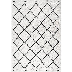 JONATHAN Y MOH410A-8 Cami Moroccan Style Diamond Shag Indoor Area-Rug Bohemian Contemporary Geometric Easy-Cleaning Bedroom Kitchen Living Room Non Shedding, 8 X 10, White/Black