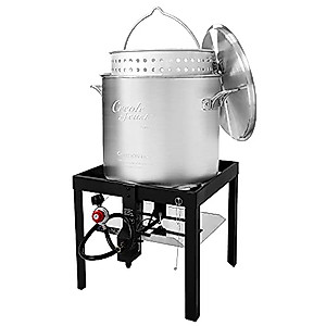 Creole Feast SBK1001 Seafood Boiling Kit with Strainer, Outdoor Aluminum Propane Gas Boiler with 10 PSI Regulator, Silver