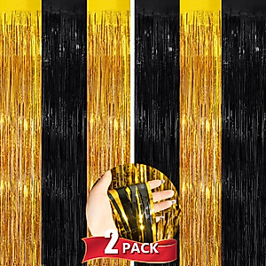 Black Gold Metallic Tinsel Foil Fringe Curtains, 2 Pack 3.3x8.3 Feet Party Streamer for Birthday Party Decorations, Halloween Decor, Foil Curtain Backdrop for Bachelorette Party