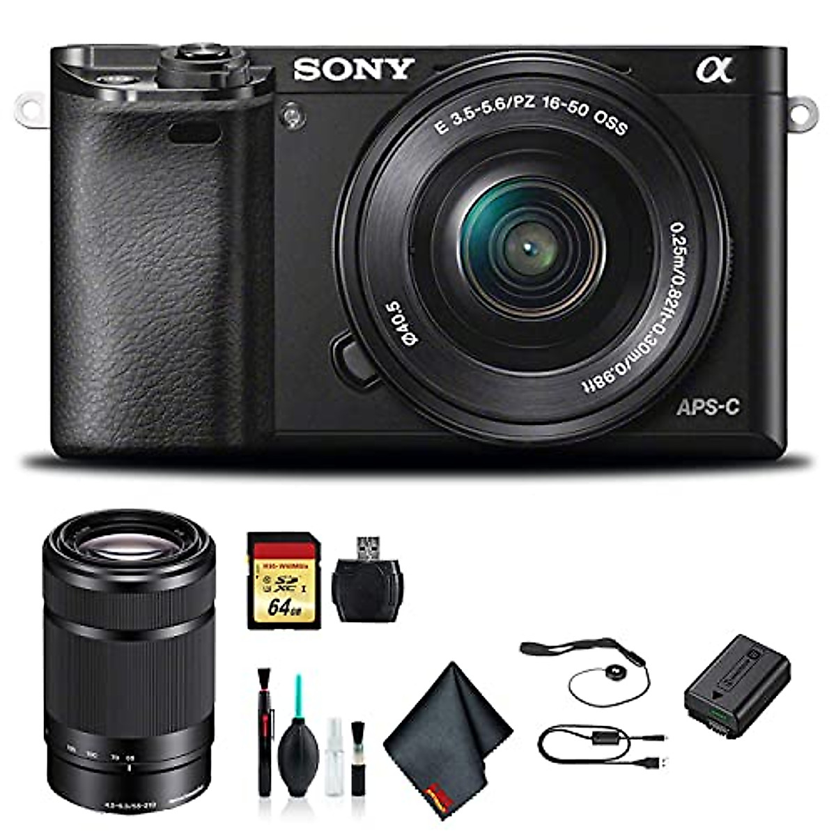 Sony Alpha a6000 Mirrorless Camera with 16-50mm and 55-210mm Lenses ILCE6000Y/B with Soft Bag, 64GB Memory Card, Card Reader, Plus Essential Accessories