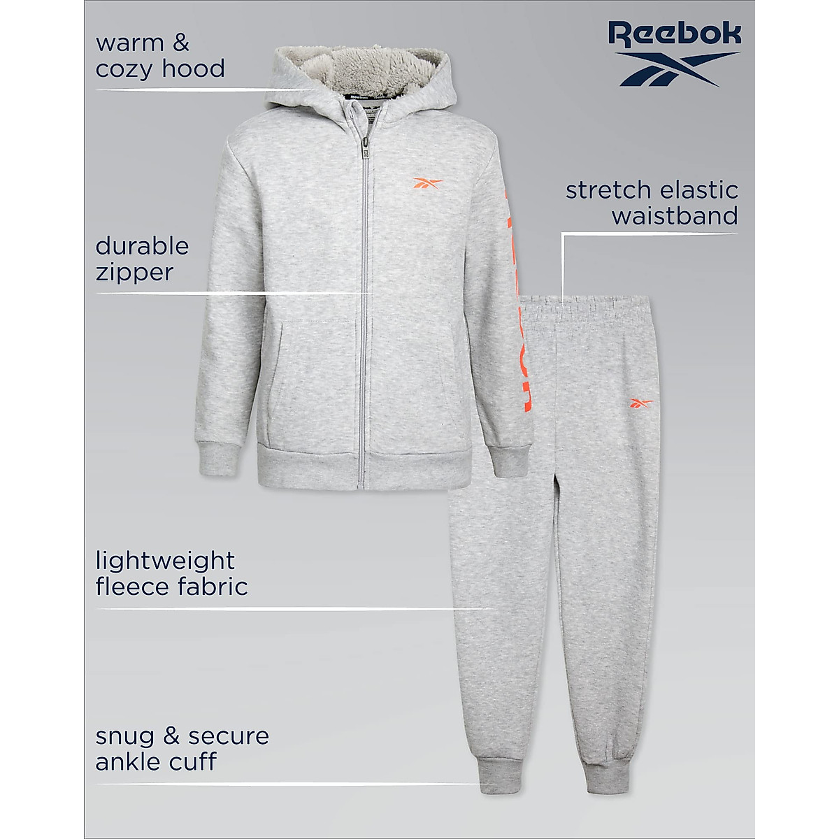 Reebok Boys' Sweatsuit Set - 2 Piece Fleece Hoodie Sweatshirt and Jogger Sweatpants (4-7), Size 5, Dark Grey Heather
