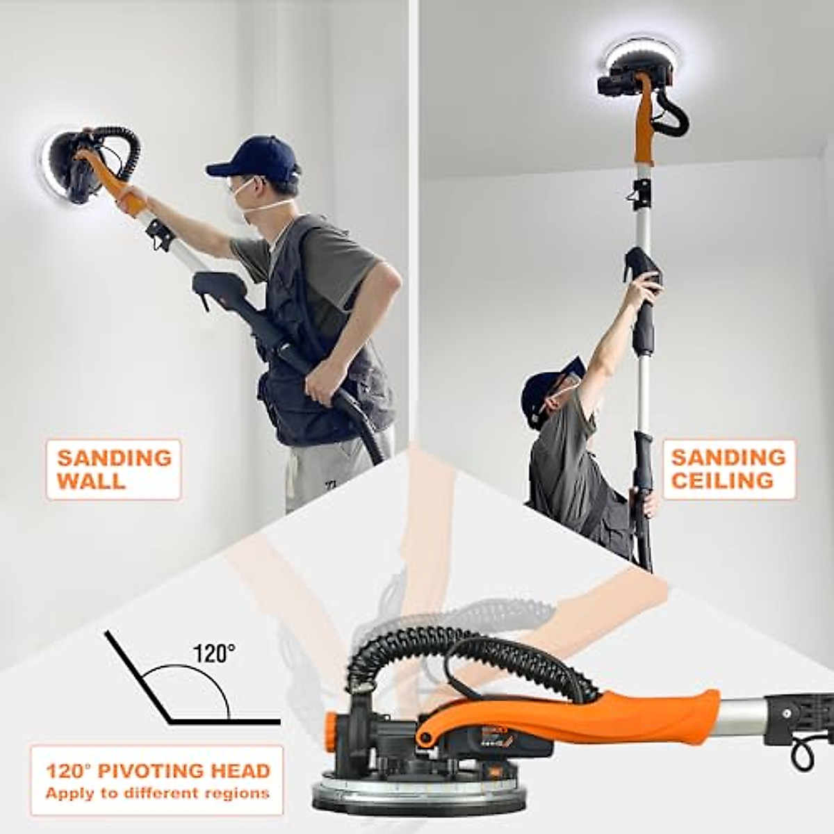 MAXXT Drywall Sander Electric Foldable Wall Sander REAL self-priming system LED light telescopic handle variable speed 6.5A motor six 9-inch sanding discs dust bag