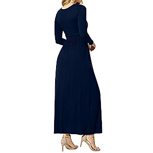 CATHY Women Long Sleeve Deep V Neck Casual Pleated Waist Maxi Dresses with Pockets, S, Long Sleeve Navy Blue