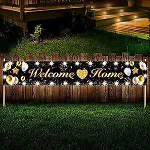 Welcome Home Banner Large Black Gold Welcome Home Yard Sign with LED String Light and Clips for Outdoor Decor Family Gathering Military Homecoming Deployment Returning Party Supplies, 9.8 x 1.6 ft