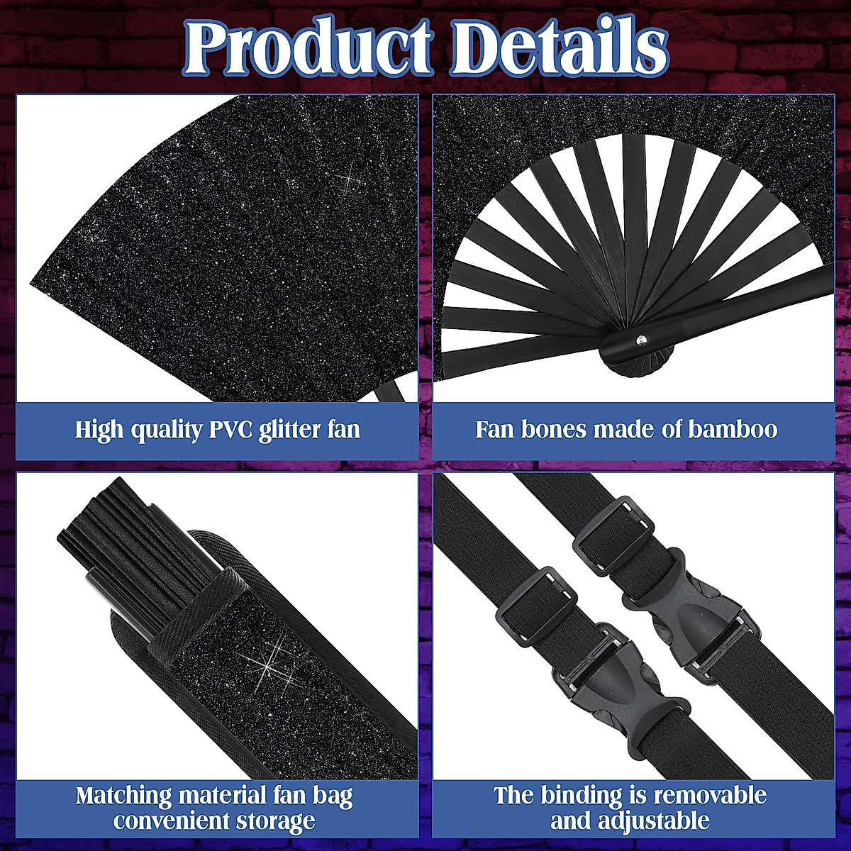 Ripeng 13" Glitter Large Rave Folding Hand Fan Clack Rave Fan for Women with Leg Strap and Fabric Case Bag for Dance, Edm(Black)