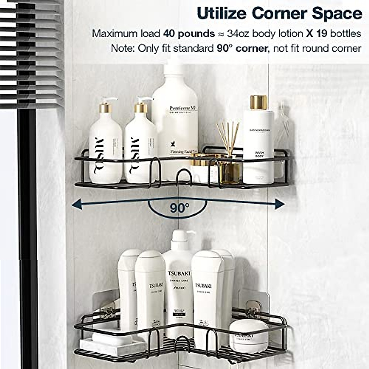 Corner Shower Caddy Shelf with Adhesive Hooks and Soap Dish,No Drilling RustProof Stainless Steel Shower Basket Shelves for Bathroom Storage Organizer