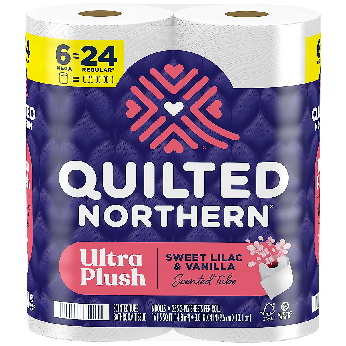 Quilted Northern Ultra Plush Toilet Paper with Sweet Lilac & Vanilla Scented Tube, 6 Mega Rolls = 24 Regular Rolls, 3 Ply Soft Toilet Tissue