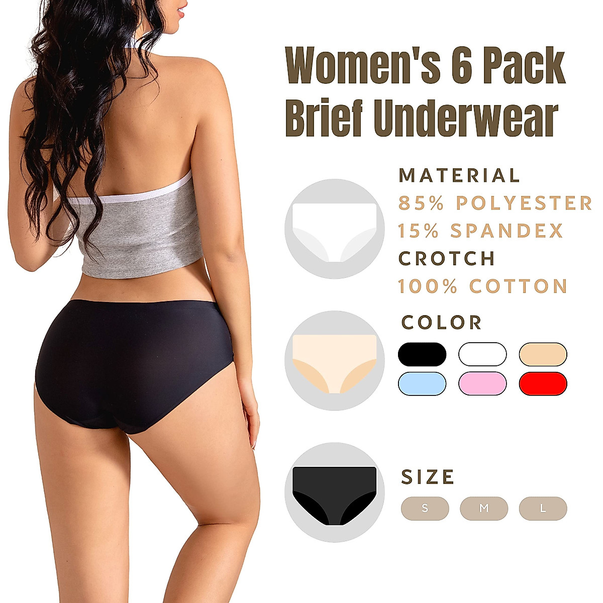 Women’s 6 Pack Seamless Basic Invisible Underwears Bikini Hipster Briefs Panties FULL BACK 6 Colors Large