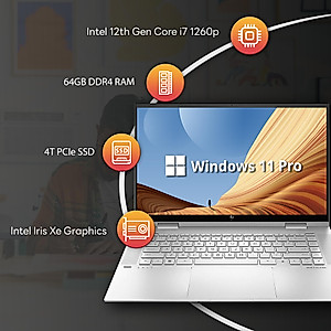 HP Envy x360 2-in-1 15.6” FHD Touchscreen Laptop, Intel core i7-1260P, 64GB RAM, 4TB PCIe SSD, Backlit KB, HD Webcam, Intel Iris Xe Graphics, Wi-Fi, Bluetooth, Win 11 Pro, Silver, 32GB USB Card