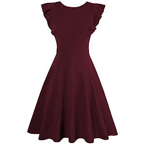 IHOT Wedding Guests Dress for Women Vintage Crew Neck Ruffle Sleeve Flared Casual Swing Church Party Date Night Bridemaid Cocktail Dresses with Pockets Wine Red Medium