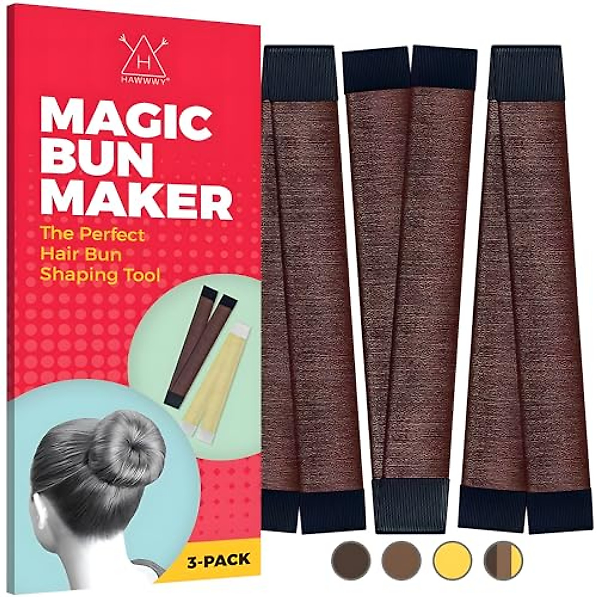 Hawwwy 3 Piece Hair Bun Maker - Easy Hair Bun Roller and Bun Donut for Quick Updos - Snap-and-Roll Bun Hair Tool - Perfect Bun Tool for Kids, French Twist, and Hair Updo Tool - 3 Pack Brown