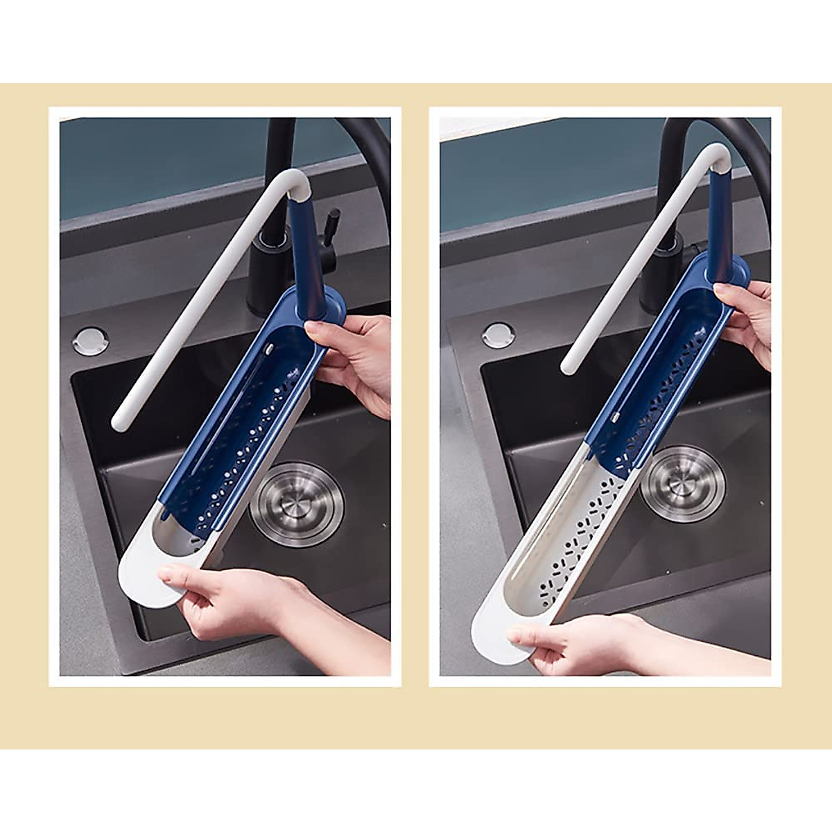 PRAGOO Telescopic Sink Storage Rack Holder, Expandable Sink Storage Rack with Dishcloth Holder Towel Rack for Kitchen Sink Organizers for Sponge Caddy (Plastic, Blue)