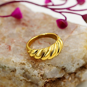 Uloveido 18K Gold Plated Croissant Ring Chunky Braided Twisted Dome Ring Band Stacking Minimalist Statement Rings (size 7)