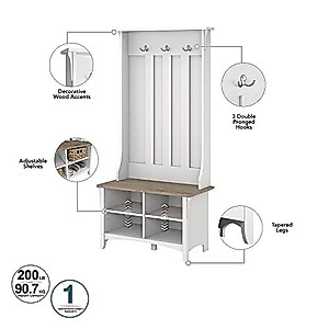 Bush Furniture Salinas Hall Tree with Shoe Storage Bench, Pure White and Shiplap Gray