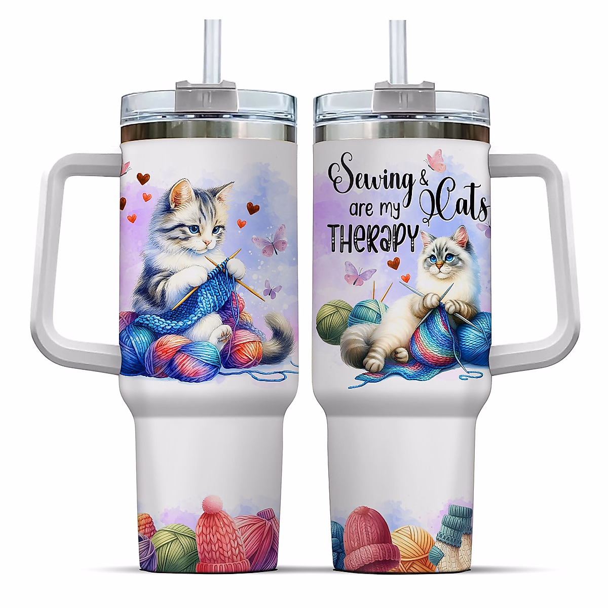 99WHALE Cat Gifts, Tumbler 40 Oz With Handle Lid And Straw, Steel Quartz Handle Women Cup Parade Coffee Tumblers Hot Adults Funny Light Cups Lover Simple Rose, Cats And Sewing
