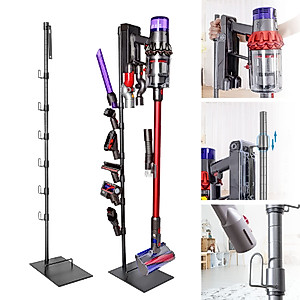 360Tronics Storage Stand Holder Fit for Dyson V15 Detect V11 V10 V8 V7 V6 Cordless Vacuum Cleaners and Accessary, Stable Floor Docking Station Full Metal Organizer Bracket with 6 Hooks (Silver Grey)