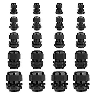 AMPELE Cable Gland 20 Pack 3-25mm Waterproof Adjustable 1/4'', 3/8'', 1/2'', 3/4'', 1'' NPT Cable Gland Joints with Gaskets (Each 4 Pack, 20 Pack)