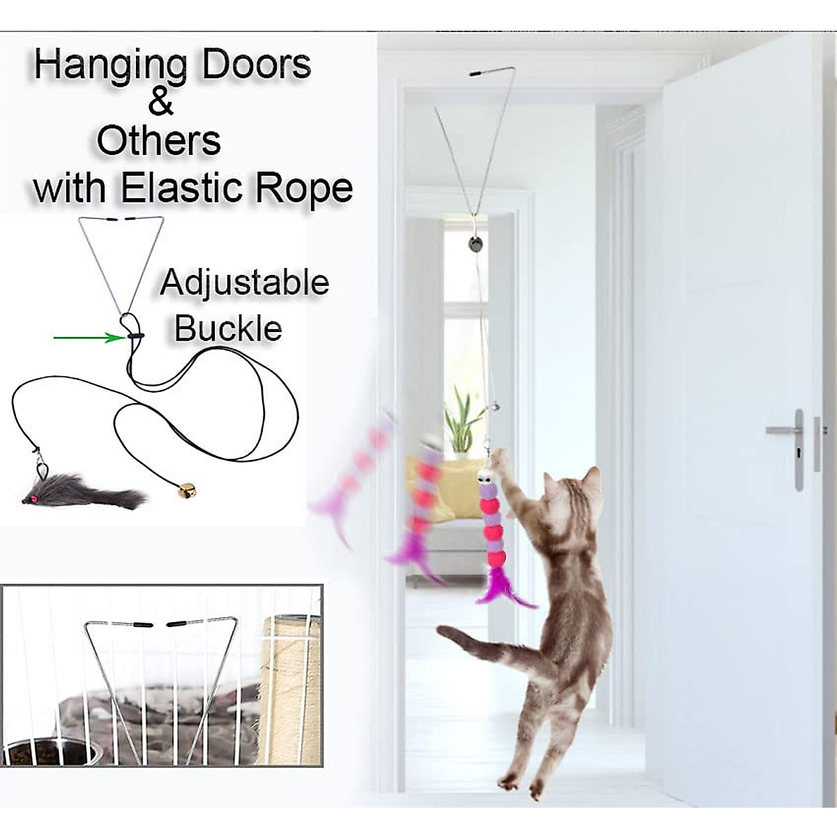 Alibuy Interactive Cat Toys,Hanging Cat Toy Kits 10Pcs Cat Feather Toys Hanging Door Retractable Ropes,Upgraded Mouse Toys Set Kitten Play Teaser for Cat Jump Exercise (10Pcs)