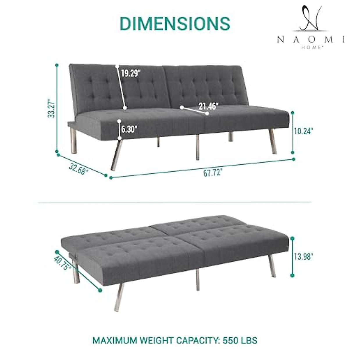 Naomi Home Tufted Split Back Futon Convertible Sofa Bed, Futon Couches for Living Room, Linen Futon Couch Bed with Chrome Legs, Folding, Reclining Small Convertible Sofa Bed, Gray