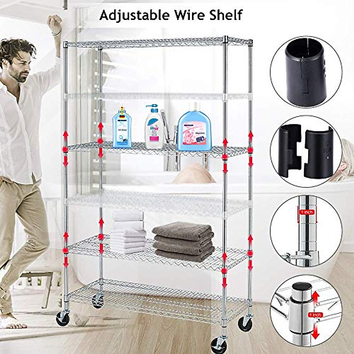 6-Tie Metal Storage Shelves, 48" x 18" x 72" Wire Shelving Unit w/Wheels, 6000 LBS Heavy Duty Industrial Utility Steel Storage Rack, NSF UltraDurable Shelf Organizer Racks for Garage Kitchen Storage