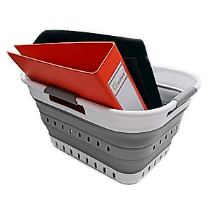 SAMMART 19L (5 gallon) Super Mini Collapsible 3 Handled Plastic Basket - Foldable Pop Up Storage Container/Organizer - Space Saving Hamper/Basket (1, White/Grey)