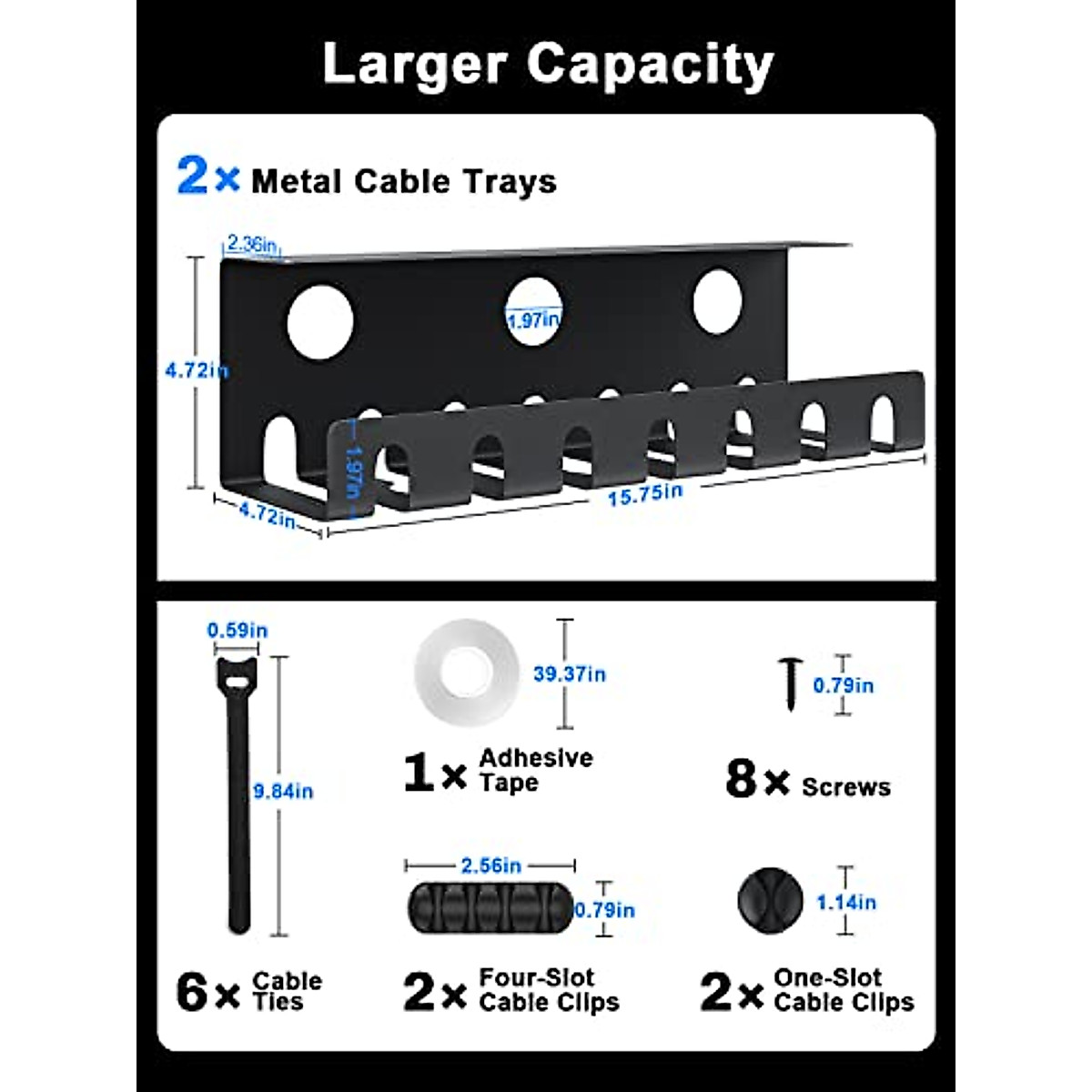 Under Desk Cable Management Tray 2 Pack, Metal Cable Tray Basket for Wire Management, No Drill/Drill PC Cord Organizer for Home Office Computer Desk Cable Hider, 15.75x4.72x4.72in, Black Raceway