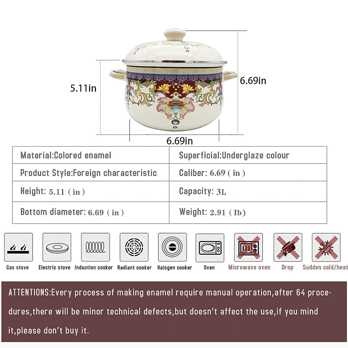 OLYTARU Flower Enamel on Steel Stock Pot/Stockpot with Lid, 3 Quart