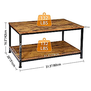 SUPER DEAL 2-Tier Industrial Coffee Table with Storage Shelf for Small Apartment Living Room, Rectangle Wood and Stable Metal TV Stand Side End Table, Retro Brown