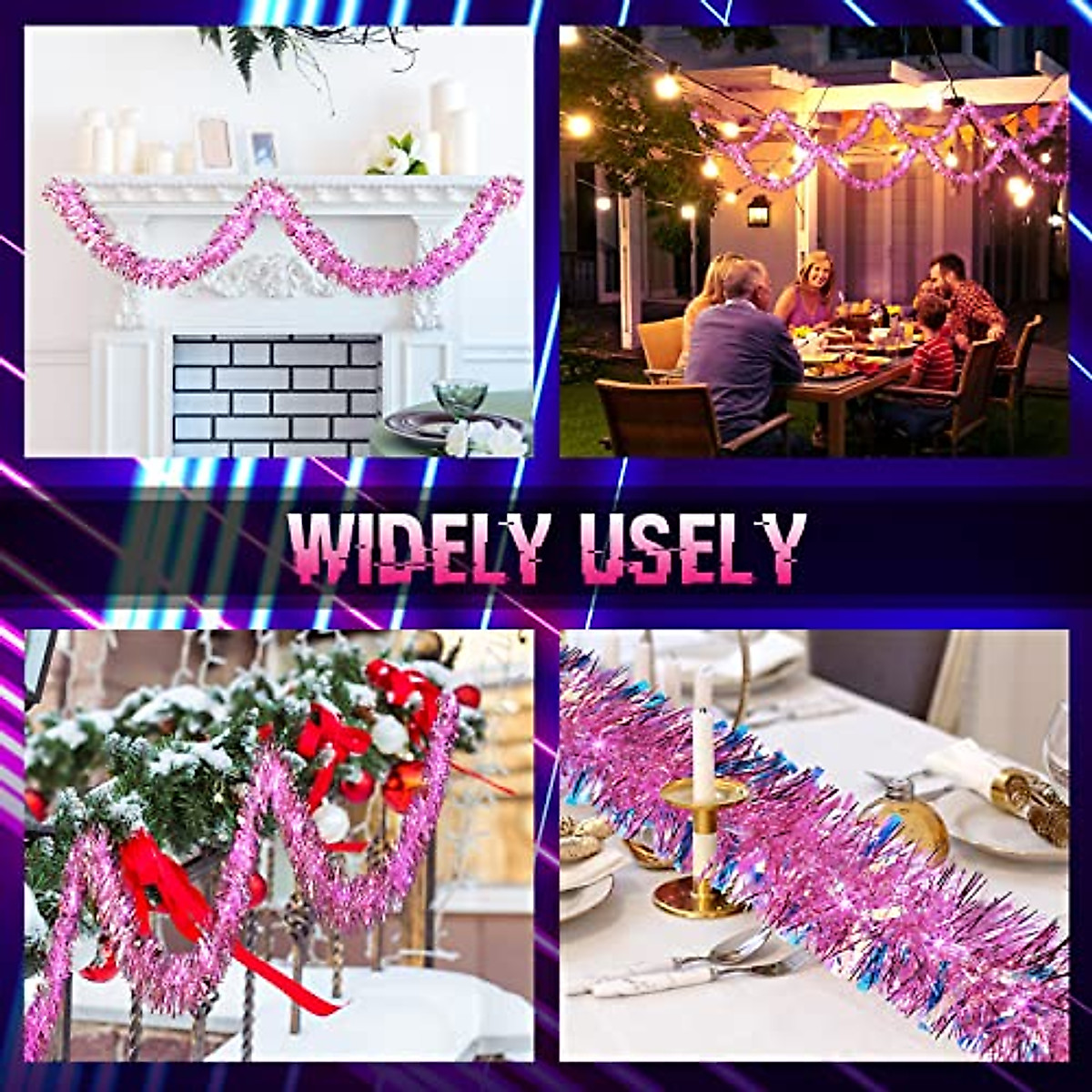 Canlierr 20 Feet Pink Christmas Tinsel Garland with LED Lights for Tree Hanging Decorations Party, Birthday, Weddings, Different Season Indoor Outdoor Events