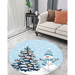 Christmas Fluffy Round Area Rug Carpets 3.3ft, Plush Shaggy Carpet Soft Circular Rugs, Non-Slip Fuzzy Accent Floor Mat for Living Room Bedroom Nursery Home Decor Colorful Snowy Tree Snowman Snowflake