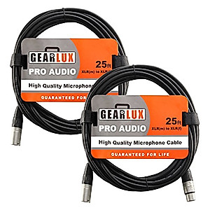 Gearlux XLR Microphone Cable, Fully Balanced, Male to Female, Black, 25 Feet - 2 Pack
