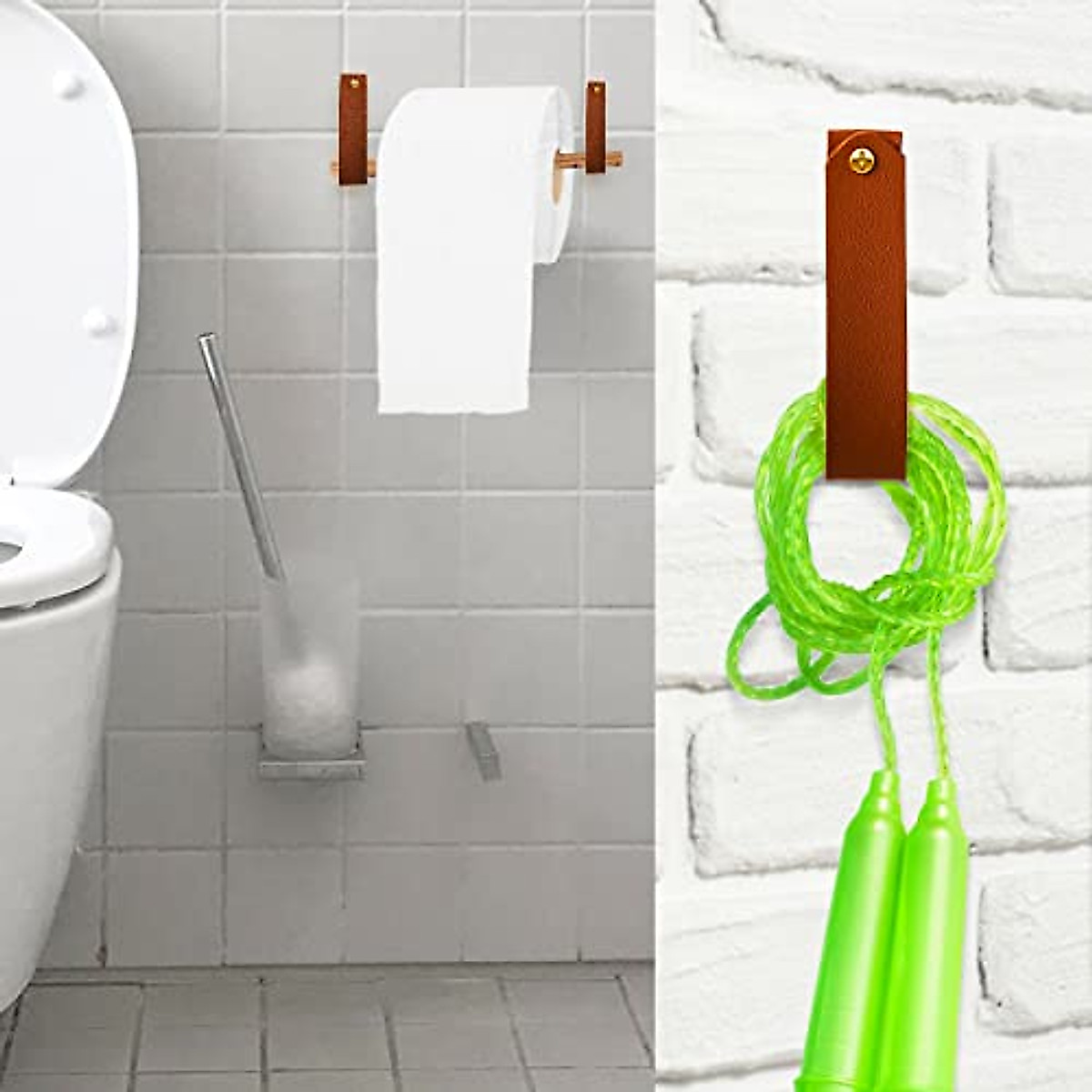Abeillo 4 Pcs Medium Leather Wall Hooks, Artificial Leather Straps Hanger Wall Mounted Towel Hook Hanging Strap Holder for Bathroom Kitchen Bedroom Nordic Boho Decor (Brown)