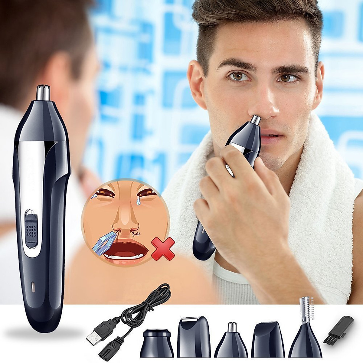 Nose Ear & Hair Trimmer 5 in 1 USB Rechargeable Beard Trimmer Shaver Electric Razor Clippers Wet/Dry Waterproof Eyebrow Grooming Kit for Men/Women. (Black)
