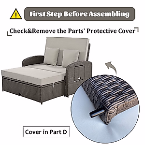 Merax Chaise Lounge Outdoor, Double PE Wicker Rattan Patio Reclining Chair, 2-Person Sunbed with 3 Adjustable Backrest & Free Furniture Protection Cover, Grey